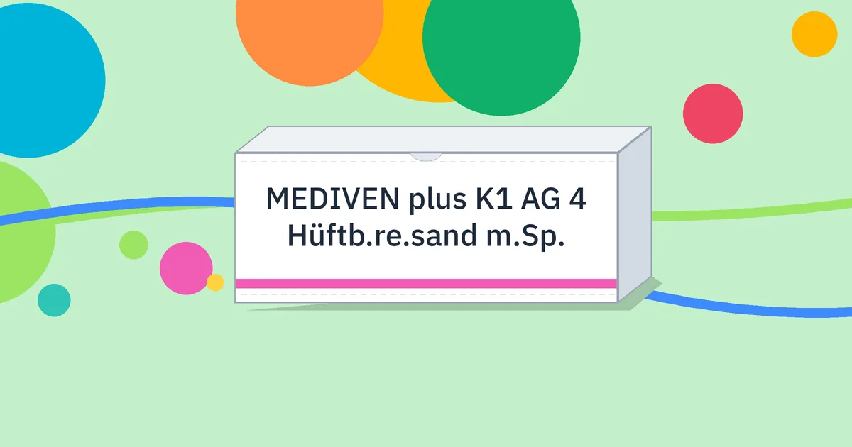 Symbolbild: Packung mit der Aufschrift MEDIVEN plus K1 AG 4 Hüftb.re.sand m.Sp. (PZN 18939203) – Verfügbarkeit und Bezug in Apotheken in Frankfurt am Main
