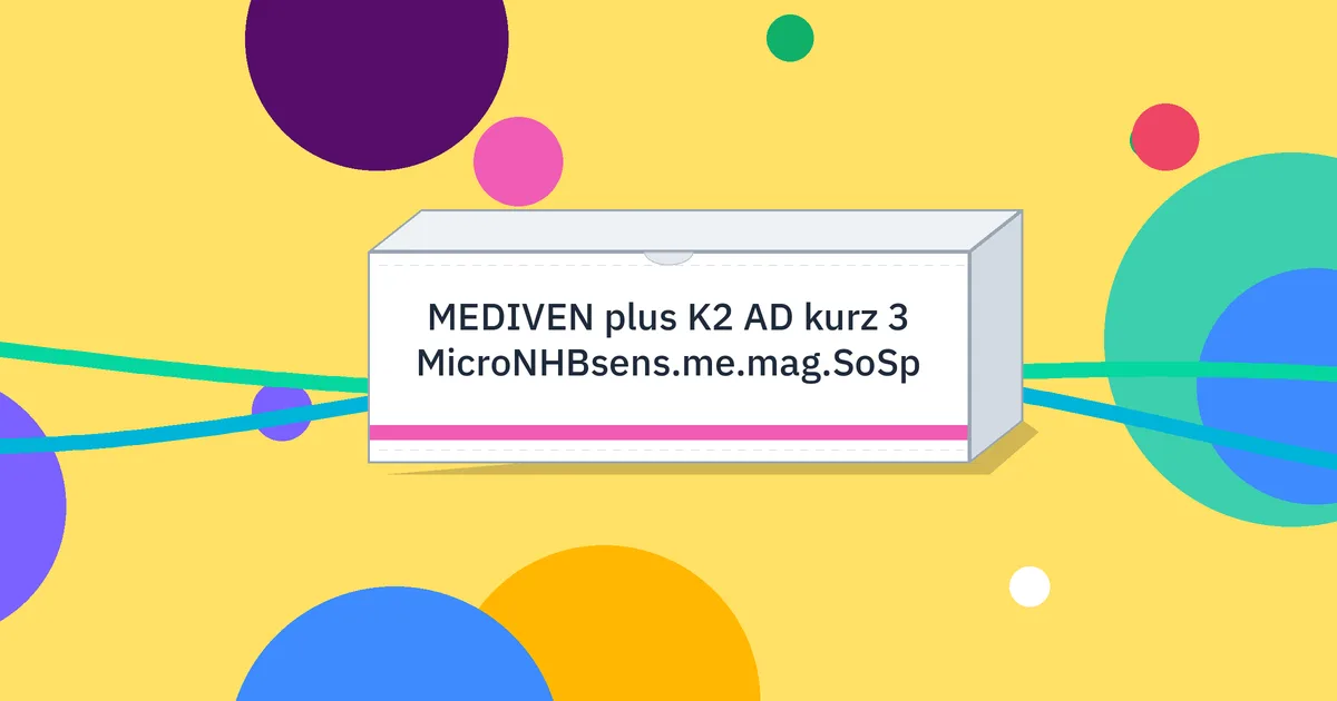 Symbolbild: Packung mit der Aufschrift MEDIVEN plus K2 AD kurz 3 MicroNHBsens.me.mag.SoSp (PZN 15934228) – Verfügbarkeit und Bezug in Apotheken in Frankfurt am Main