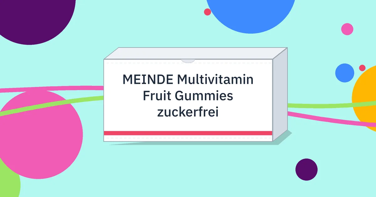 Symbolbild: Packung mit der Aufschrift MEINDE Multivitamin Fruit Gummies zuckerfrei (PZN 20107533) – Verfügbarkeit und Bezug in Apotheken in Frankfurt am Main