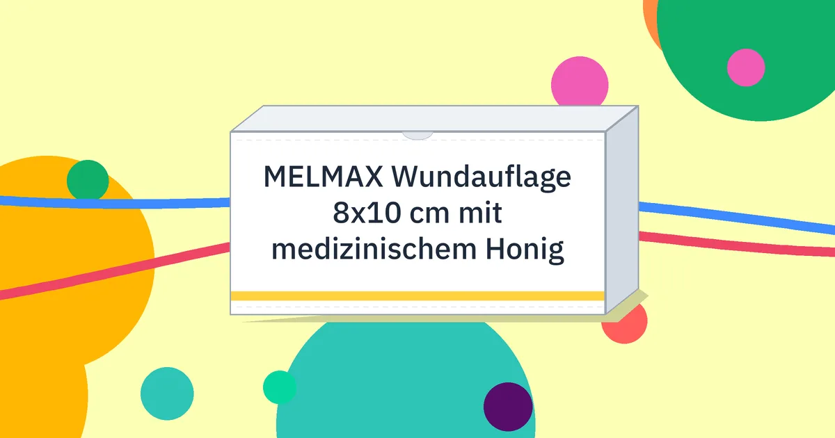Symbolbild: Packung mit der Aufschrift MELMAX Wundauflage 8x10 cm mit medizinischem Honig (PZN 19958740) – Verfügbarkeit und Bezug in Apotheken in Frankfurt am Main