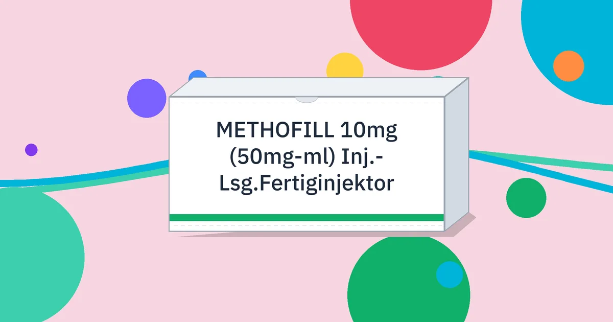 Symbolbild: Packung mit der Aufschrift METHOFILL 10mg (50mg-ml) Inj.-Lsg.Fertiginjektor (PZN 18660702) – Verfügbarkeit und Bezug in Apotheken in Frankfurt am Main