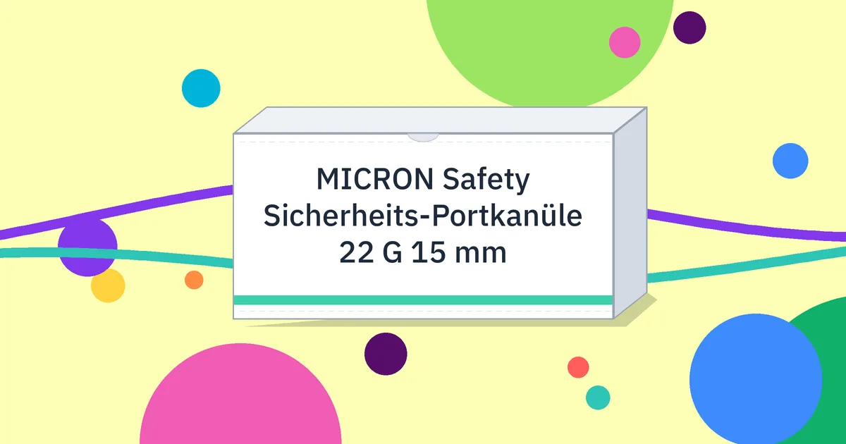 Symbolbild: Packung mit der Aufschrift MICRON Safety Sicherheits-Portkanüle 22 G 15 mm (PZN 19146338) – Verfügbarkeit und Bezug in Apotheken in Frankfurt am Main