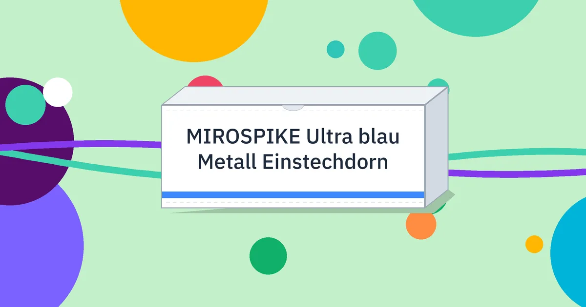 Symbolbild: Packung mit der Aufschrift MIROSPIKE Ultra blau Metall Einstechdorn (PZN 02350655) – Verfügbarkeit und Bezug in Apotheken in Frankfurt am Main
