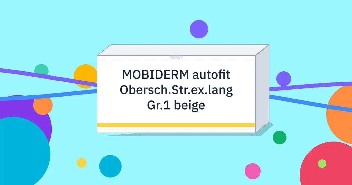 Symbolbild: Packung mit der Aufschrift MOBIDERM autofit Obersch.Str.ex.lang Gr.1 beige (PZN 13970102) – Verfügbarkeit und Bezug in Apotheken in Frankfurt am Main