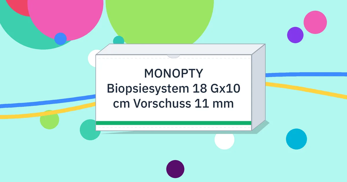 Symbolbild: Packung mit der Aufschrift MONOPTY Biopsiesystem 18 Gx10 cm Vorschuss 11 mm (PZN 03473029) – Verfügbarkeit und Bezug in Apotheken in Frankfurt am Main