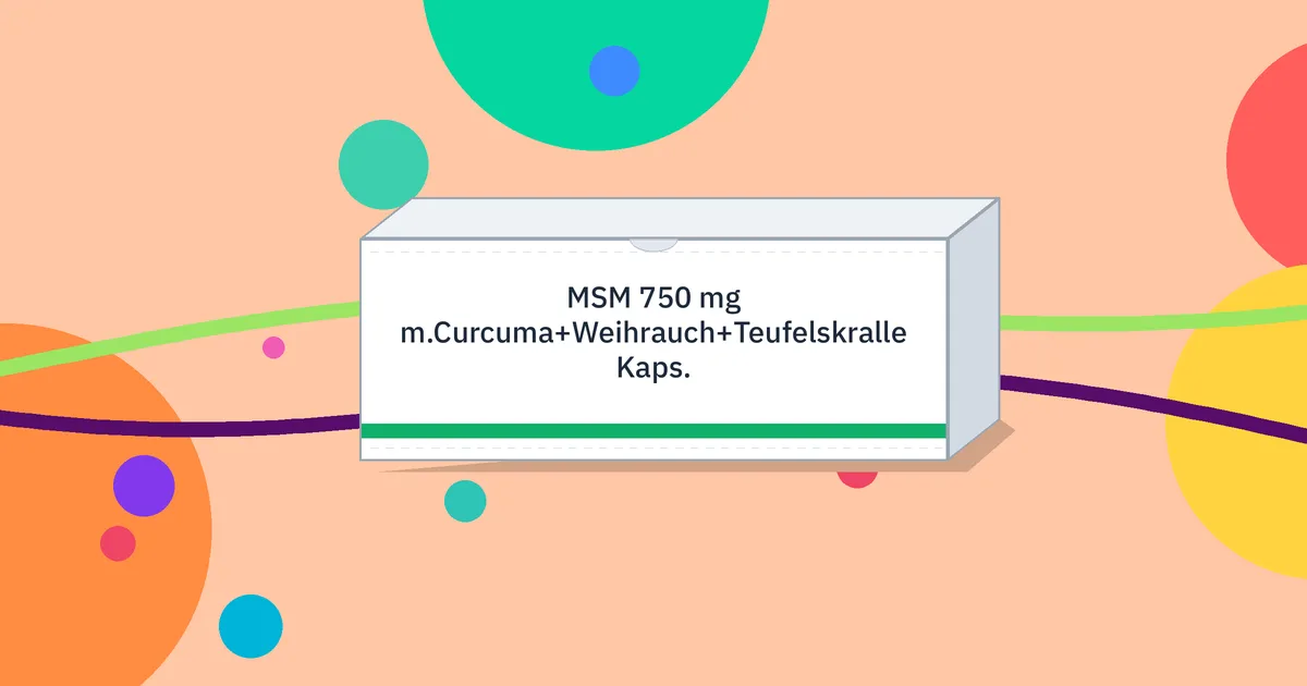 Symbolbild: Packung mit der Aufschrift MSM 750 mg m.Curcuma+Weihrauch+Teufelskralle Kaps. (PZN 18298945) – Verfügbarkeit und Bezug in Apotheken in Frankfurt am Main