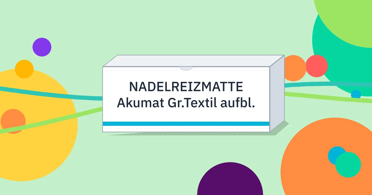 Symbolbild: Packung mit der Aufschrift NADELREIZMATTE Akumat Gr.Textil aufbl. (PZN 00166976) – Verfügbarkeit und Bezug in Apotheken in Frankfurt am Main