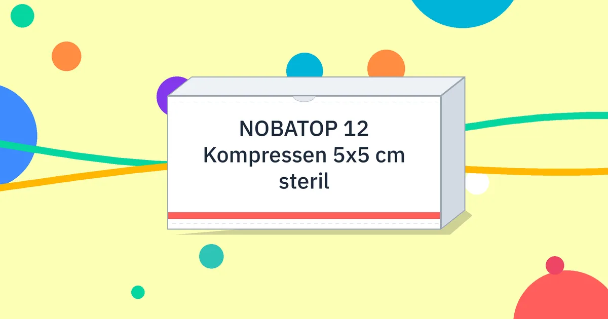 Symbolbild: Packung mit der Aufschrift NOBATOP 12 Kompressen 5x5 cm steril (PZN 16259533) – Verfügbarkeit und Bezug in Apotheken in Frankfurt am Main