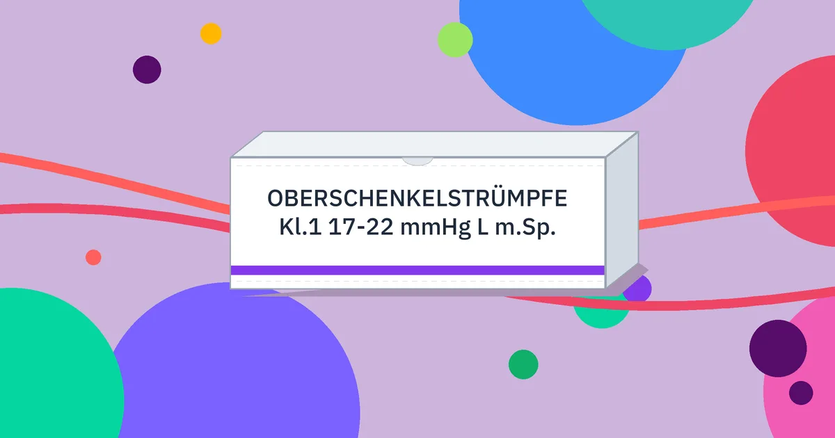 Symbolbild: Packung mit der Aufschrift OBERSCHENKELSTRÜMPFE Kl.1 17-22 mmHg L m.Sp. (PZN 19072309) – Verfügbarkeit und Bezug in Apotheken in Frankfurt am Main