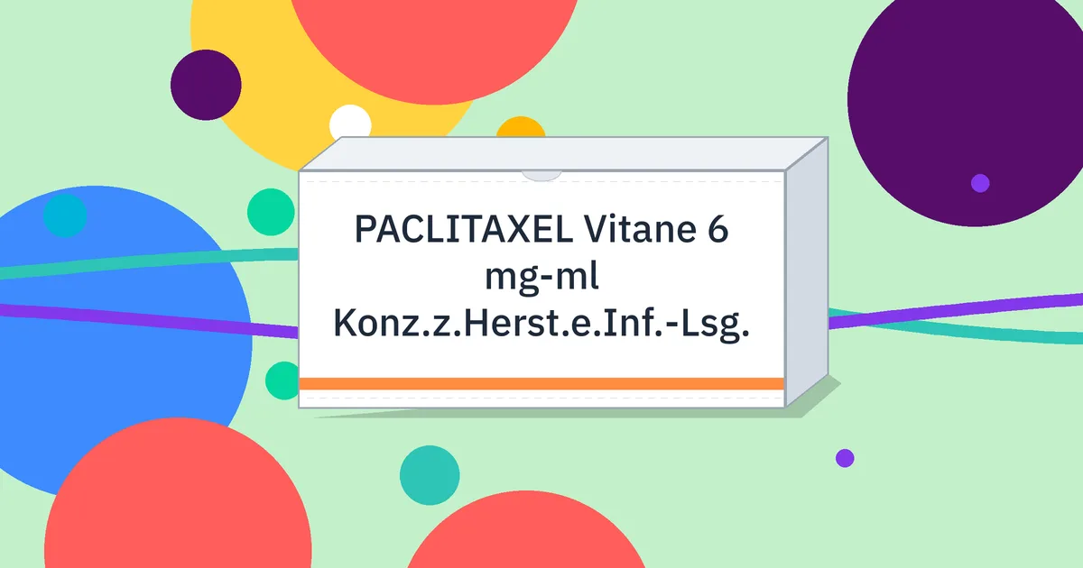 Symbolbild: Packung mit der Aufschrift PACLITAXEL Vitane 6 mg-ml Konz.z.Herst.e.Inf.-Lsg. (PZN 11058215) – Verfügbarkeit und Bezug in Apotheken in Frankfurt am Main