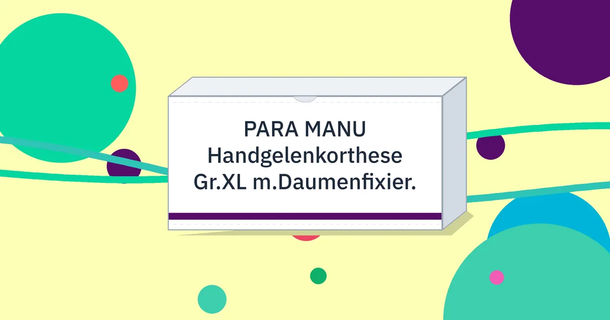Symbolbild: Packung mit der Aufschrift PARA MANU Handgelenkorthese Gr.XL m.Daumenfixier. (PZN 06990707) – Verfügbarkeit und Bezug in Apotheken in Frankfurt am Main