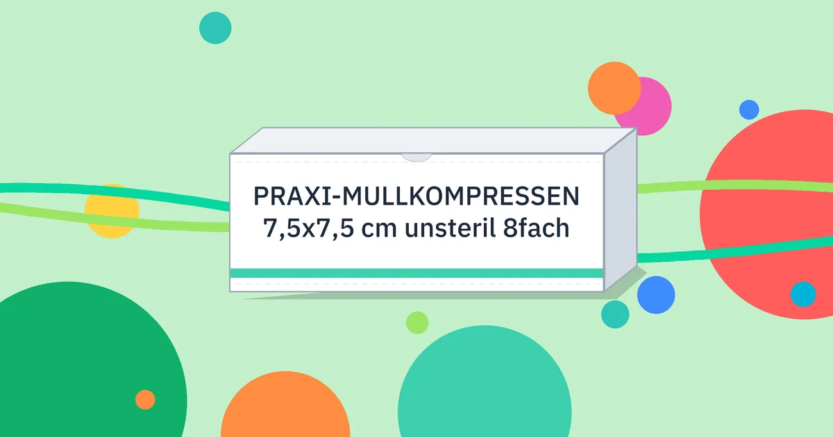 Symbolbild: Packung mit der Aufschrift PRAXI-MULLKOMPRESSEN 7,5x7,5 cm unsteril 8fach (PZN 12827489) – Verfügbarkeit und Bezug in Apotheken in Frankfurt am Main