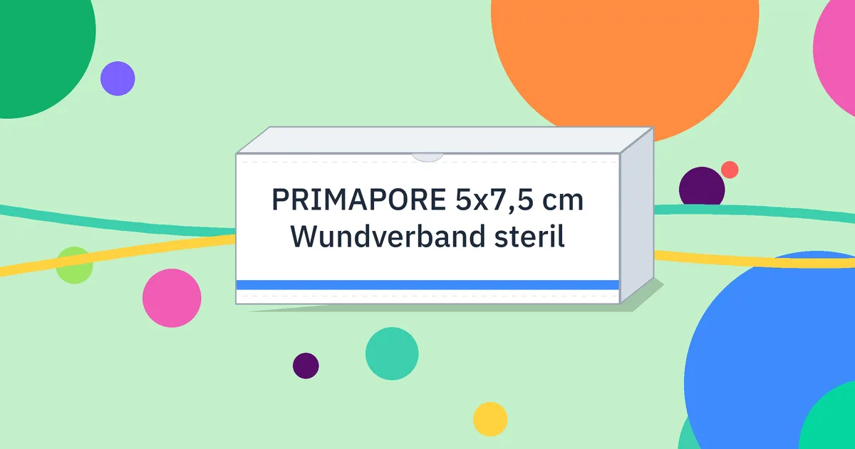 Symbolbild: Packung mit der Aufschrift PRIMAPORE 5x7,5 cm Wundverband steril (PZN 08402933) – Verfügbarkeit und Bezug in Apotheken in Frankfurt am Main