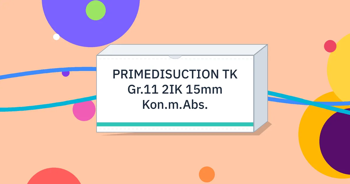 Symbolbild: Packung mit der Aufschrift PRIMEDISUCTION TK Gr.11 2IK 15mm Kon.m.Abs. (PZN 10282577) – Verfügbarkeit und Bezug in Apotheken in Frankfurt am Main