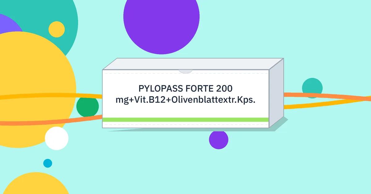 Symbolbild: Packung mit der Aufschrift PYLOPASS FORTE 200 mg+Vit.B12+Olivenblattextr.Kps. (PZN 13426924) – Verfügbarkeit und Bezug in Apotheken in Frankfurt am Main