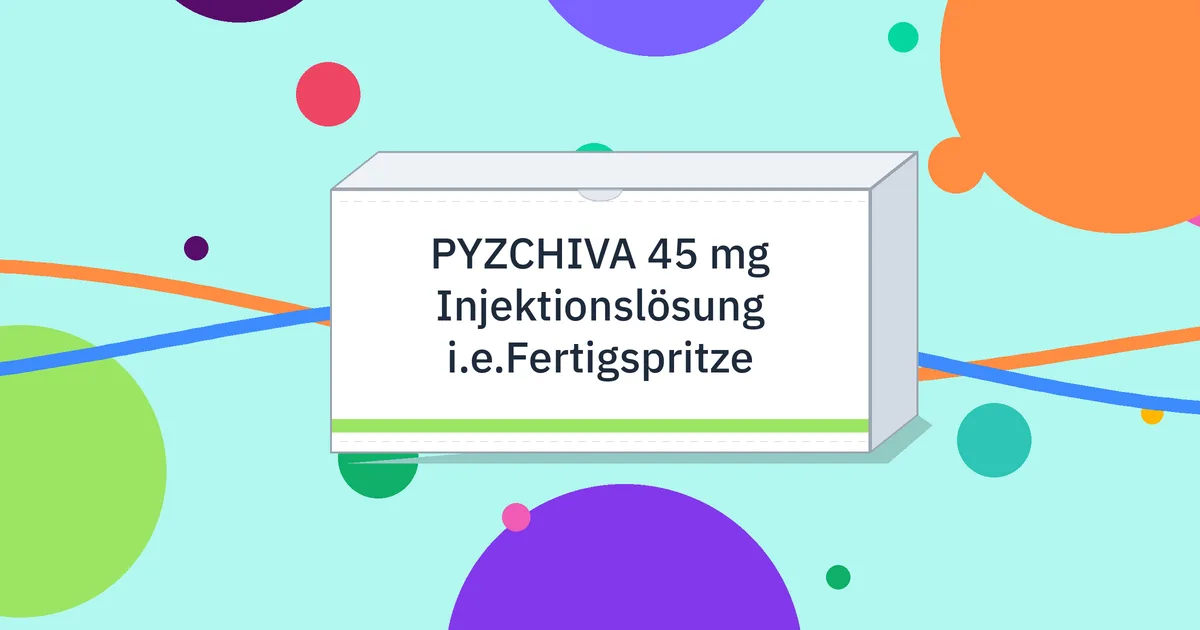 Symbolbild: Packung mit der Aufschrift PYZCHIVA 45 mg Injektionslösung i.e.Fertigspritze (PZN 20770177) – Verfügbarkeit und Bezug in Apotheken in Frankfurt am Main