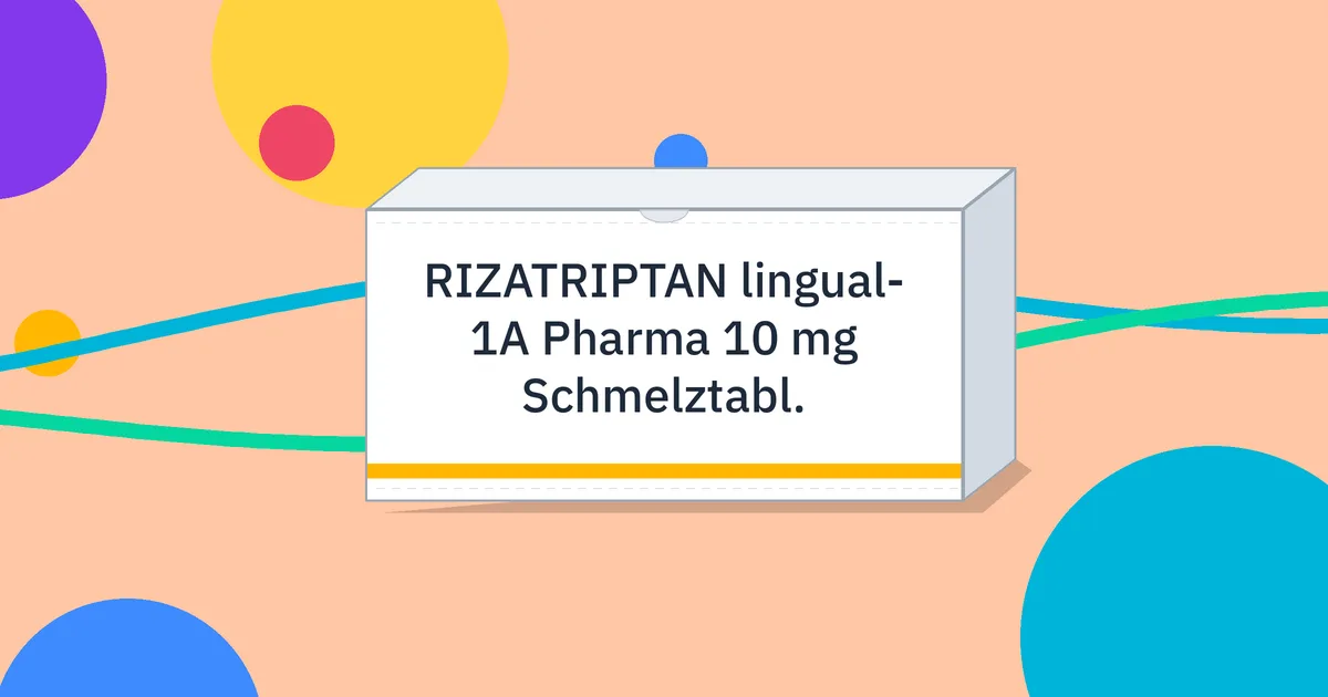 Symbolbild: Packung mit der Aufschrift RIZATRIPTAN lingual-1A Pharma 10 mg Schmelztabl. (PZN 00015438) – Verfügbarkeit und Bezug in Apotheken in Frankfurt am Main