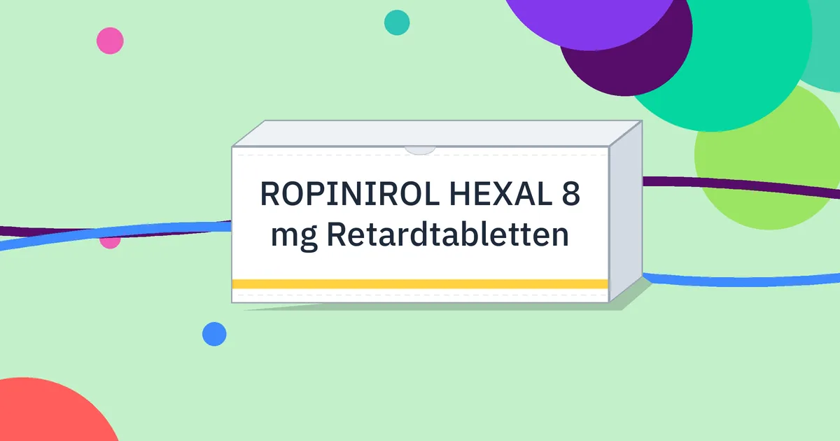 Symbolbild: Packung mit der Aufschrift ROPINIROL HEXAL 8 mg Retardtabletten (PZN 08840604) – Verfügbarkeit und Bezug in Apotheken in Frankfurt am Main