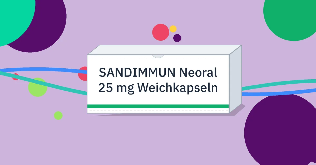 Symbolbild: Packung mit der Aufschrift SANDIMMUN Neoral 25 mg Weichkapseln (PZN 17825650) – Verfügbarkeit und Bezug in Apotheken in Frankfurt am Main
