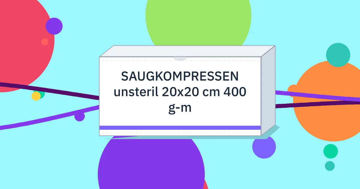 Symbolbild: Packung mit der Aufschrift SAUGKOMPRESSEN unsteril 20x20 cm 400 g-m (PZN 01653833) – Verfügbarkeit und Bezug in Apotheken in Frankfurt am Main