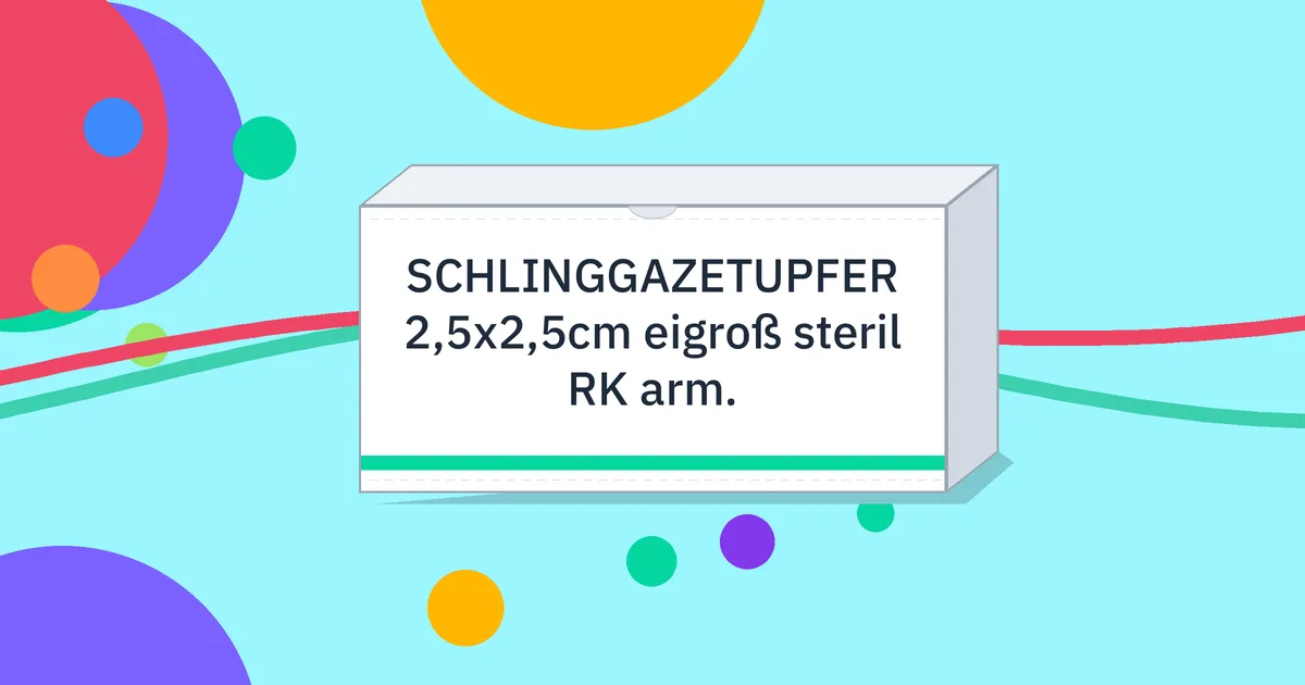 Symbolbild: Packung mit der Aufschrift SCHLINGGAZETUPFER 2,5x2,5cm eigroß steril RK arm. (PZN 16145203) – Verfügbarkeit und Bezug in Apotheken in Frankfurt am Main