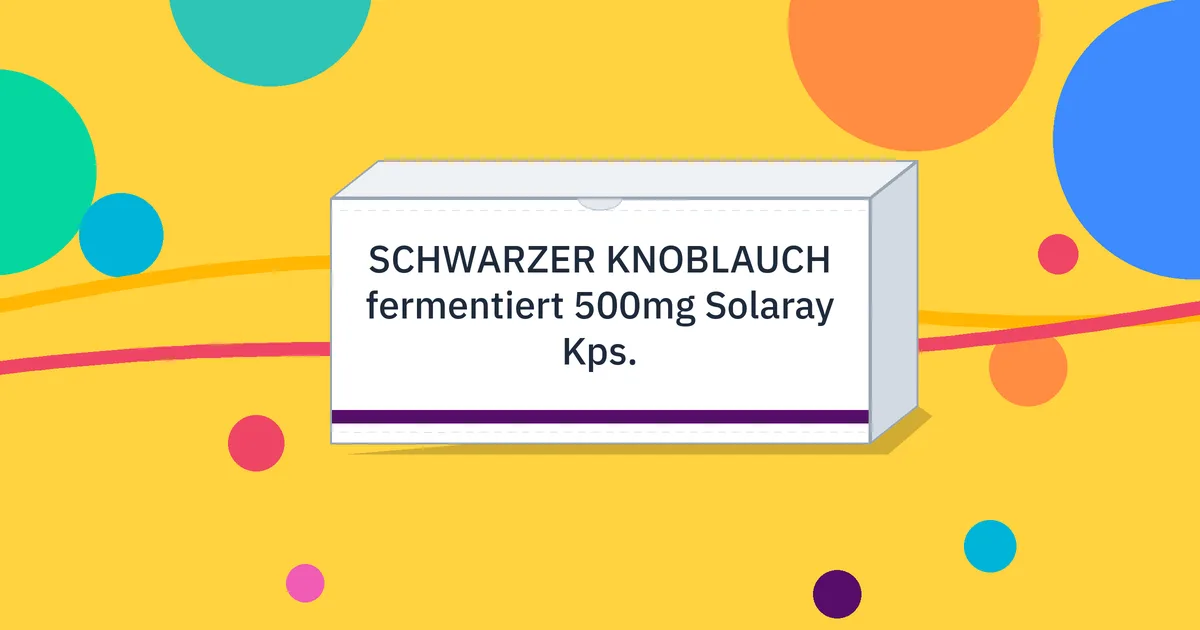 Symbolbild: Packung mit der Aufschrift SCHWARZER KNOBLAUCH fermentiert 500mg Solaray Kps. (PZN 17254710) – Verfügbarkeit und Bezug in Apotheken in Frankfurt am Main