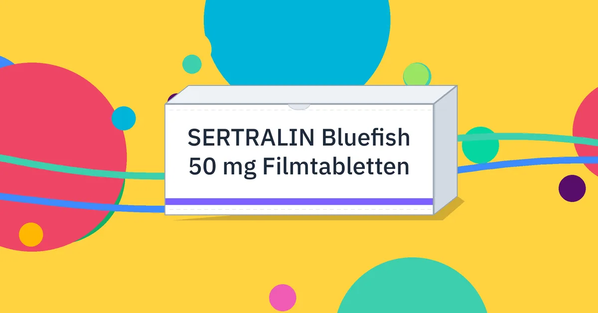 Symbolbild: Packung mit der Aufschrift SERTRALIN Bluefish 50 mg Filmtabletten (PZN 03560716) – Verfügbarkeit und Bezug in Apotheken in Frankfurt am Main