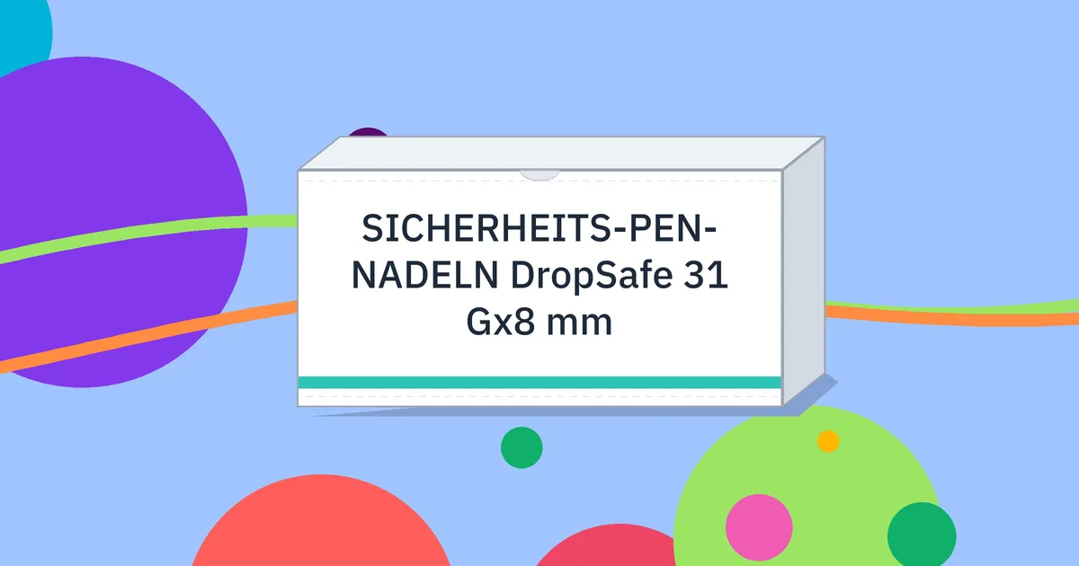 Symbolbild: Packung mit der Aufschrift SICHERHEITS-PEN-NADELN DropSafe 31 Gx8 mm (PZN 17848622) – Verfügbarkeit und Bezug in Apotheken in Frankfurt am Main