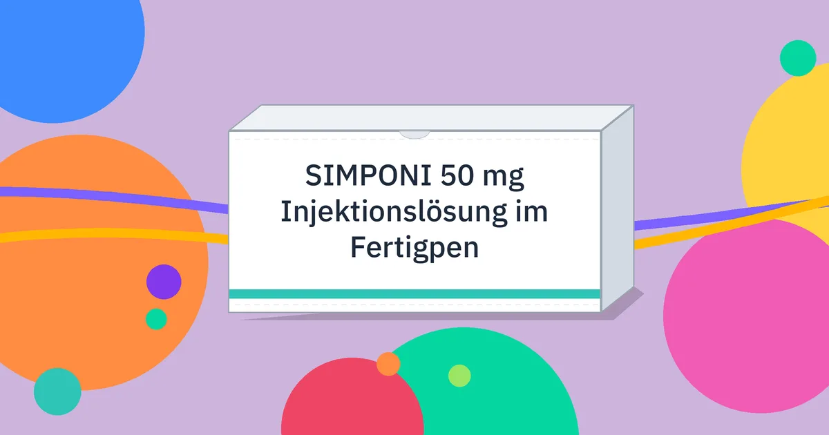 Symbolbild: Packung mit der Aufschrift SIMPONI 50 mg Injektionslösung im Fertigpen (PZN 20398097) – Verfügbarkeit und Bezug in Apotheken in Frankfurt am Main