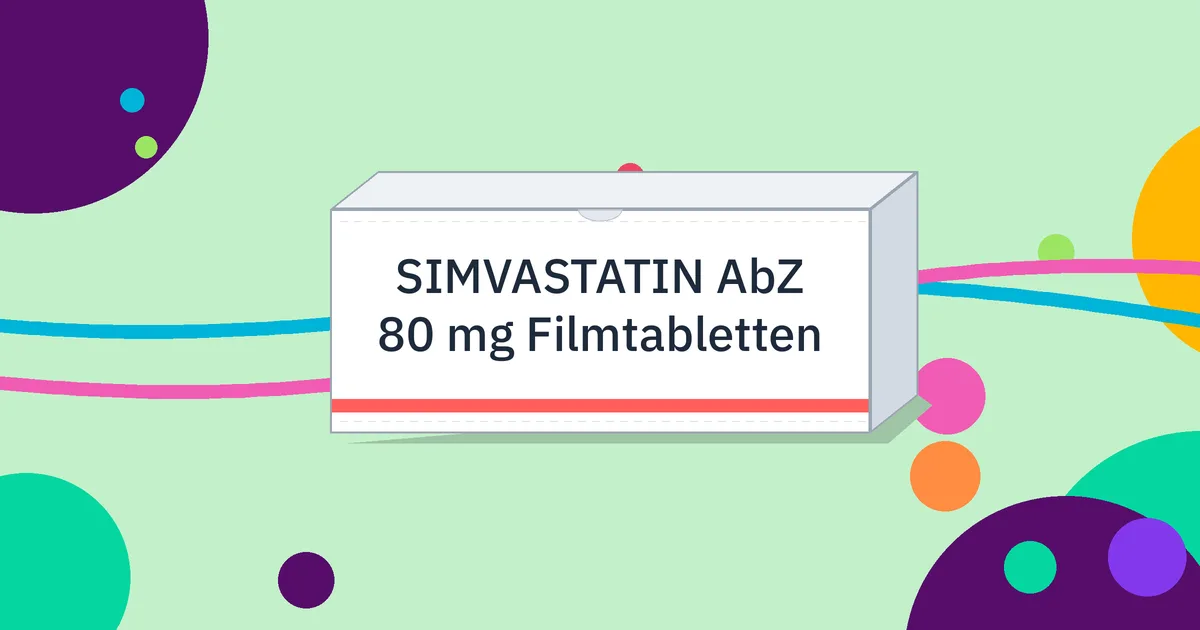 Symbolbild: Packung mit der Aufschrift SIMVASTATIN AbZ 80 mg Filmtabletten (PZN 04365170) – Verfügbarkeit und Bezug in Apotheken in Frankfurt am Main