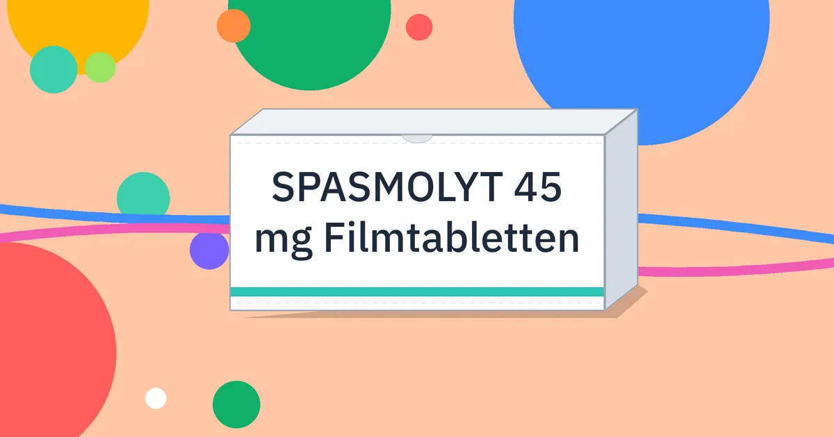 Symbolbild: Packung mit der Aufschrift SPASMOLYT 45 mg Filmtabletten (PZN 14135554) – Verfügbarkeit und Bezug in Apotheken in Frankfurt am Main