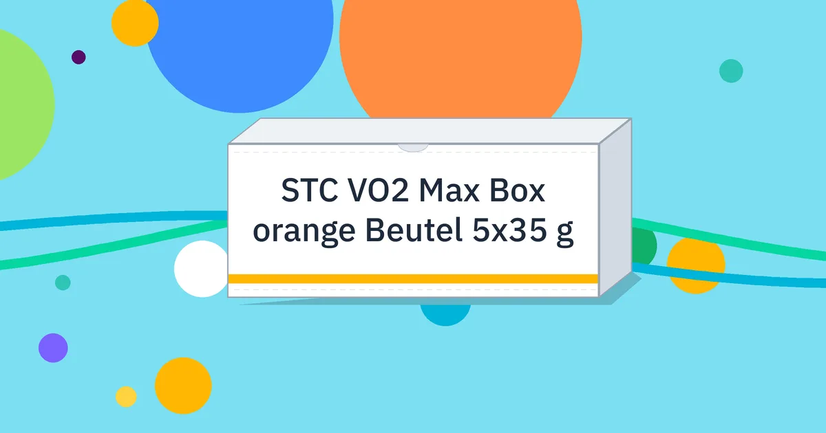 Symbolbild: Packung mit der Aufschrift STC VO2 Max Box orange Beutel 5x35 g (PZN 15392141) – Verfügbarkeit und Bezug in Apotheken in Frankfurt am Main