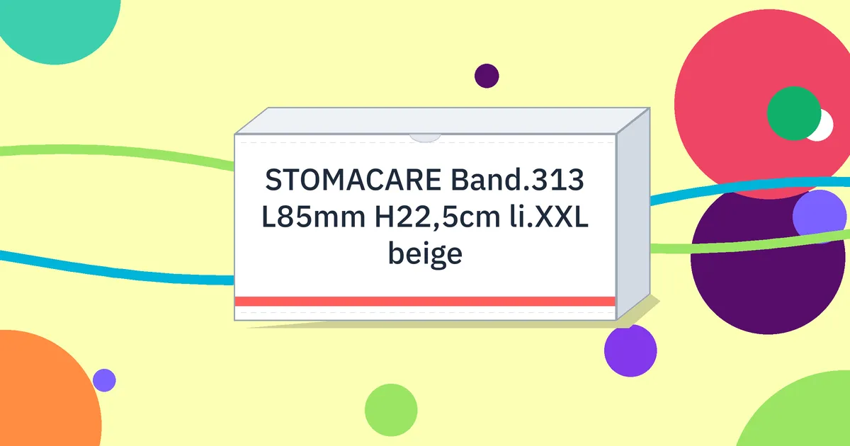 Symbolbild: Packung mit der Aufschrift STOMACARE Band.313 L85mm H22,5cm li.XXL beige (PZN 10840758) – Verfügbarkeit und Bezug in Apotheken in Frankfurt am Main