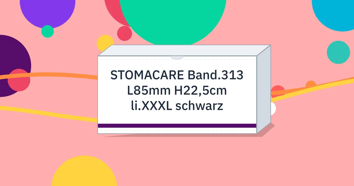 Symbolbild: Packung mit der Aufschrift STOMACARE Band.313 L85mm H22,5cm li.XXXL schwarz (PZN 10841605) – Verfügbarkeit und Bezug in Apotheken in Frankfurt am Main