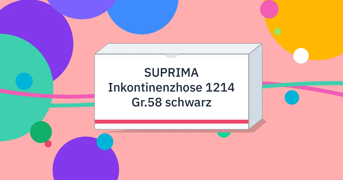Symbolbild: Packung mit der Aufschrift SUPRIMA Inkontinenzhose 1214 Gr.58 schwarz (PZN 02853072) – Verfügbarkeit und Bezug in Apotheken in Frankfurt am Main