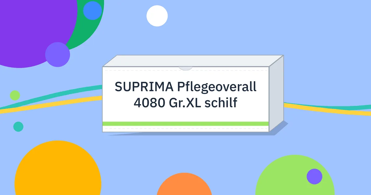 Symbolbild: Packung mit der Aufschrift SUPRIMA Pflegeoverall 4080 Gr.XL schilf (PZN 03187447) – Verfügbarkeit und Bezug in Apotheken in Frankfurt am Main