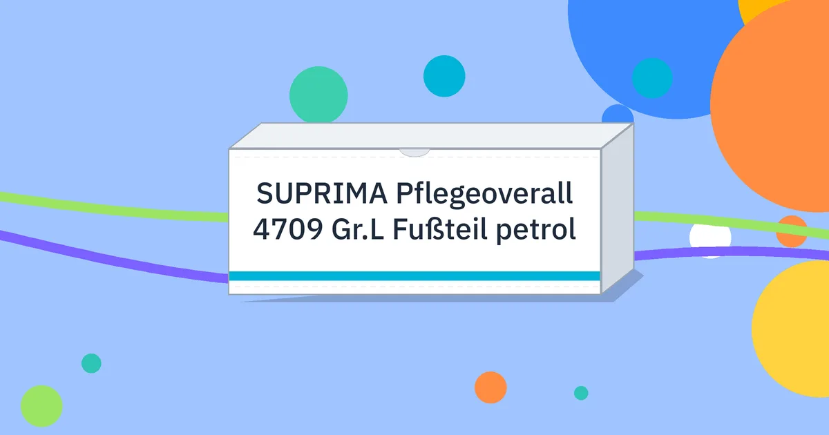 Symbolbild: Packung mit der Aufschrift SUPRIMA Pflegeoverall 4709 Gr.L Fußteil petrol (PZN 11660343) – Verfügbarkeit und Bezug in Apotheken in Frankfurt am Main