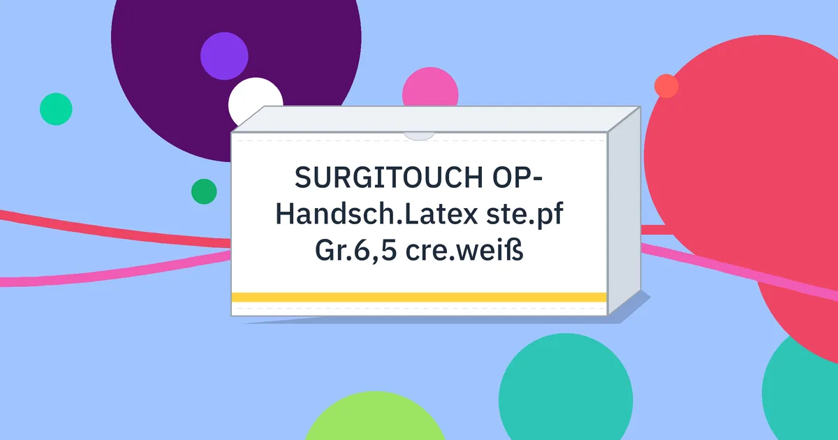 Symbolbild: Packung mit der Aufschrift SURGITOUCH OP-Handsch.Latex ste.pf Gr.6,5 cre.weiß (PZN 19155774) – Verfügbarkeit und Bezug in Apotheken in Frankfurt am Main