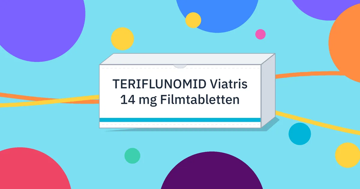 Symbolbild: Packung mit der Aufschrift TERIFLUNOMID Viatris 14 mg Filmtabletten (PZN 19973403) – Verfügbarkeit und Bezug in Apotheken in Frankfurt am Main