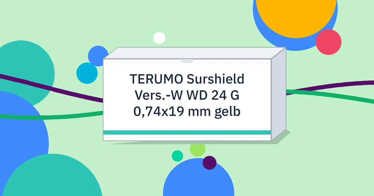 Symbolbild: Packung mit der Aufschrift TERUMO Surshield Vers.-W WD 24 G 0,74x19 mm gelb (PZN 17630768) – Verfügbarkeit und Bezug in Apotheken in Frankfurt am Main
