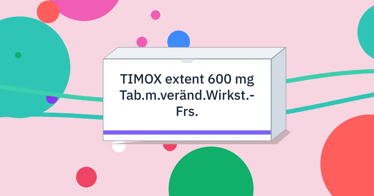 Symbolbild: Packung mit der Aufschrift TIMOX extent 600 mg Tab.m.veränd.Wirkst.-Frs. (PZN 11267806) – Verfügbarkeit und Bezug in Apotheken in Frankfurt am Main