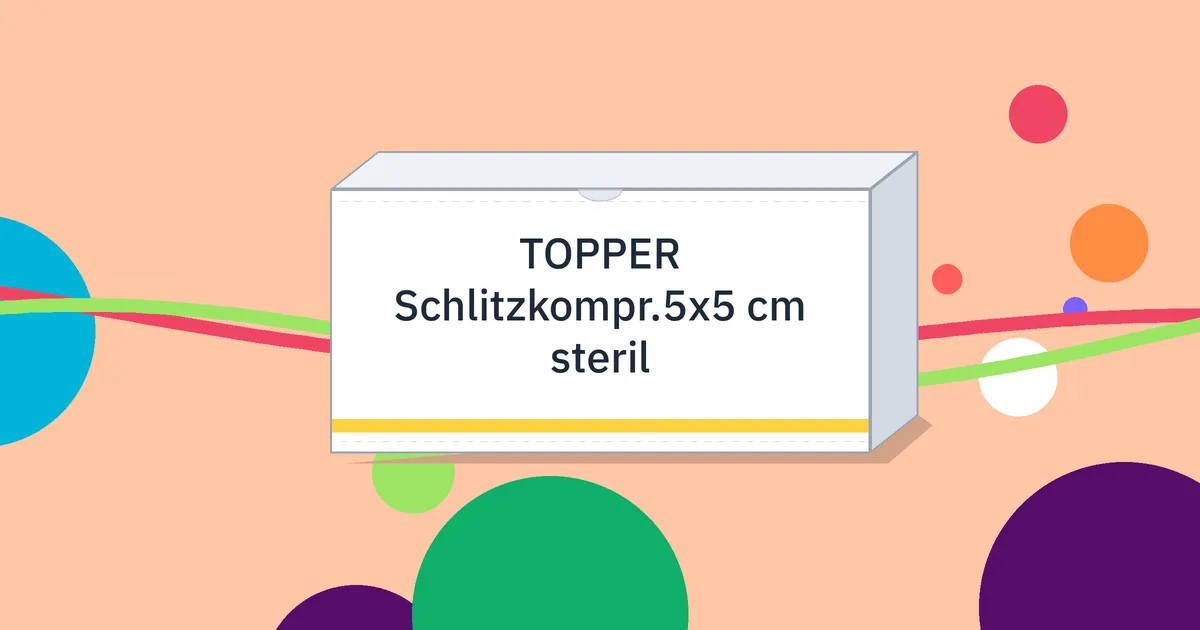 Symbolbild: Packung mit der Aufschrift TOPPER Schlitzkompr.5x5 cm steril (PZN 05509547) – Verfügbarkeit und Bezug in Apotheken in Frankfurt am Main