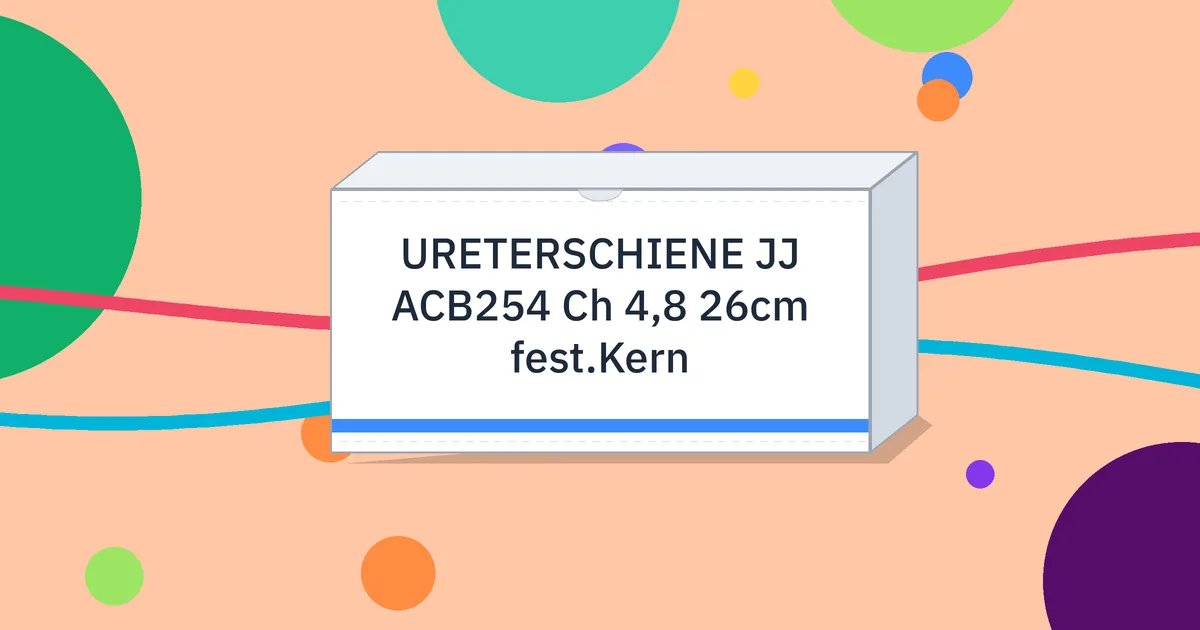Symbolbild: Packung mit der Aufschrift URETERSCHIENE JJ ACB254 Ch 4,8 26cm fest.Kern (PZN 01358034) – Verfügbarkeit und Bezug in Apotheken in Frankfurt am Main