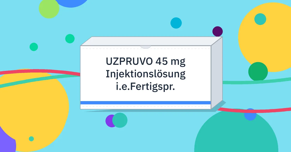 Symbolbild: Packung mit der Aufschrift UZPRUVO 45 mg Injektionslösung i.e.Fertigspr. (PZN 19490337) – Verfügbarkeit und Bezug in Apotheken in Frankfurt am Main