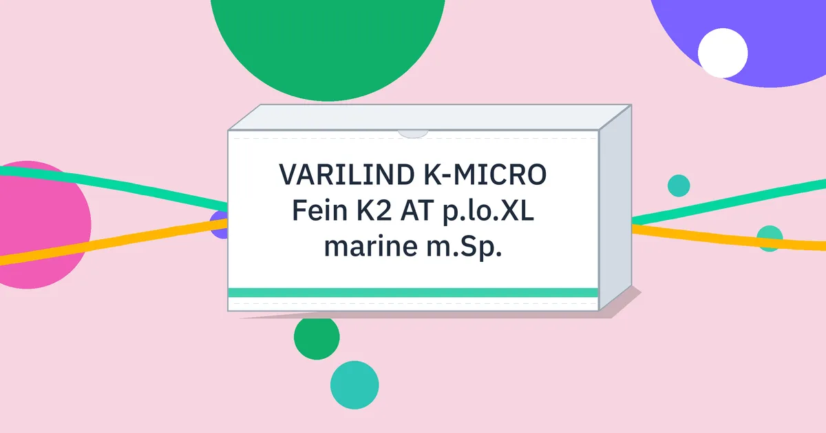 Symbolbild: Packung mit der Aufschrift VARILIND K-MICRO Fein K2 AT p.lo.XL marine m.Sp. (PZN 20618357) – Verfügbarkeit und Bezug in Apotheken in Frankfurt am Main