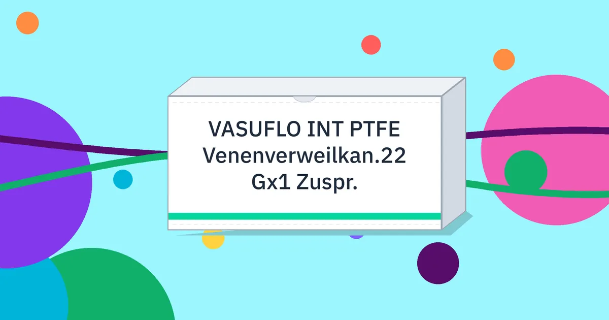 Symbolbild: Packung mit der Aufschrift VASUFLO INT PTFE Venenverweilkan.22 Gx1 Zuspr. (PZN 18387086) – Verfügbarkeit und Bezug in Apotheken in Frankfurt am Main