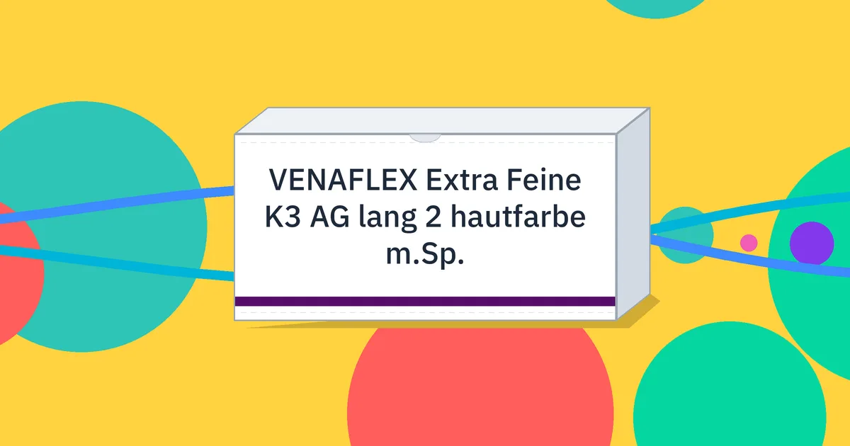 Symbolbild: Packung mit der Aufschrift VENAFLEX Extra Feine K3 AG lang 2 hautfarbe m.Sp. (PZN 18307710) – Verfügbarkeit und Bezug in Apotheken in Frankfurt am Main