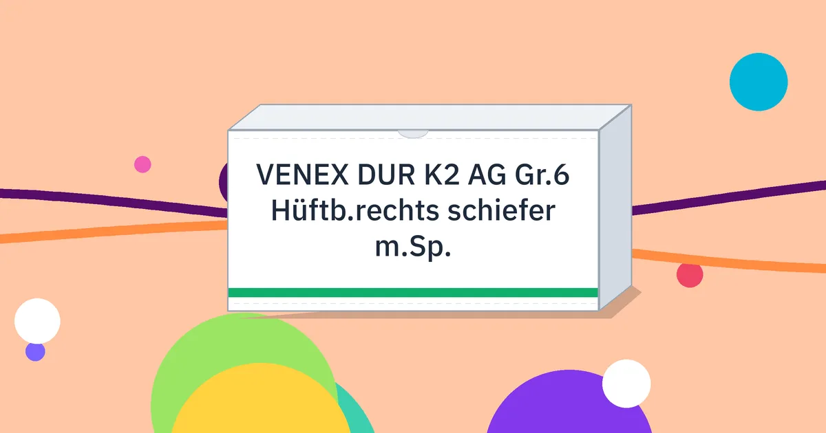 Symbolbild: Packung mit der Aufschrift VENEX DUR K2 AG Gr.6 Hüftb.rechts schiefer m.Sp. (PZN 03229105) – Verfügbarkeit und Bezug in Apotheken in Frankfurt am Main