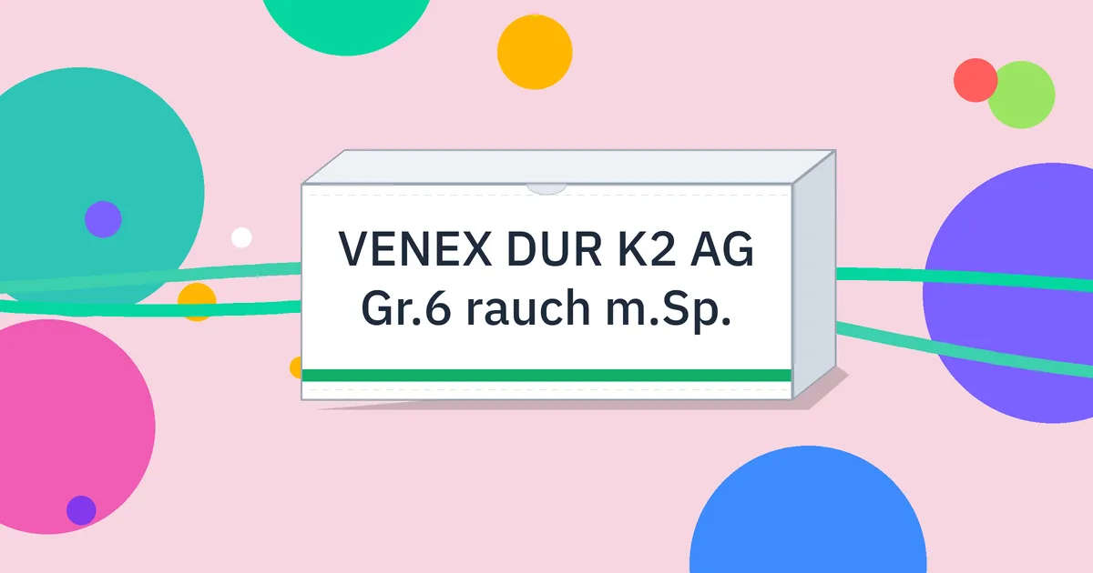 Symbolbild: Packung mit der Aufschrift VENEX DUR K2 AG Gr.6 rauch m.Sp. (PZN 03213305) – Verfügbarkeit und Bezug in Apotheken in Frankfurt am Main