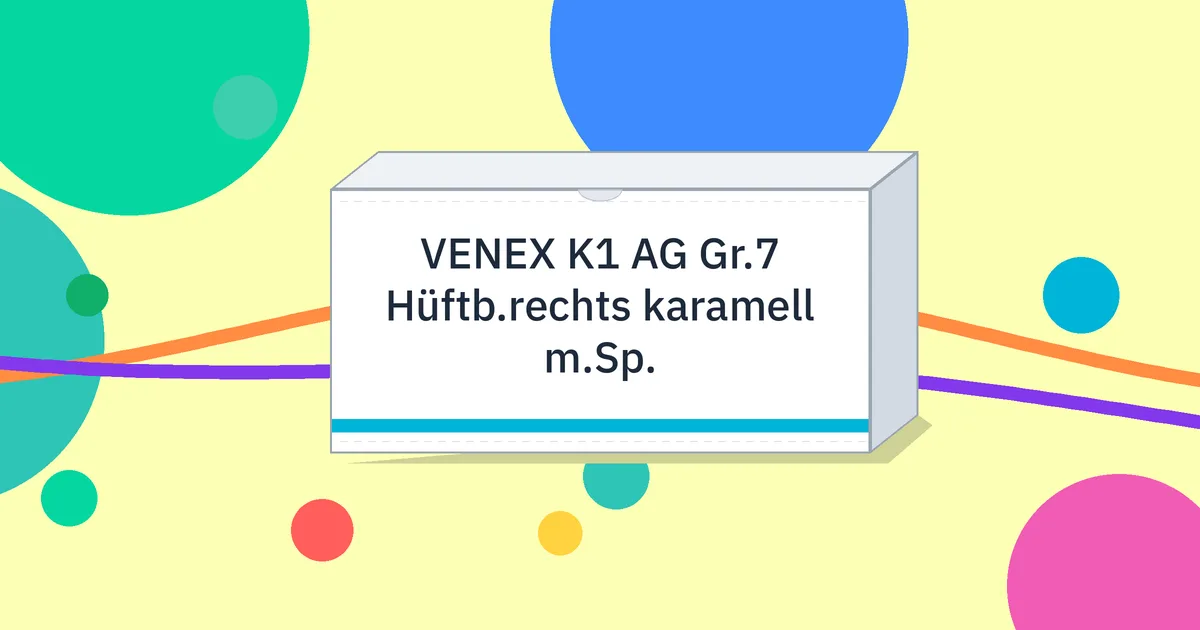 Symbolbild: Packung mit der Aufschrift VENEX K1 AG Gr.7 Hüftb.rechts karamell m.Sp. (PZN 13760899) – Verfügbarkeit und Bezug in Apotheken in Frankfurt am Main